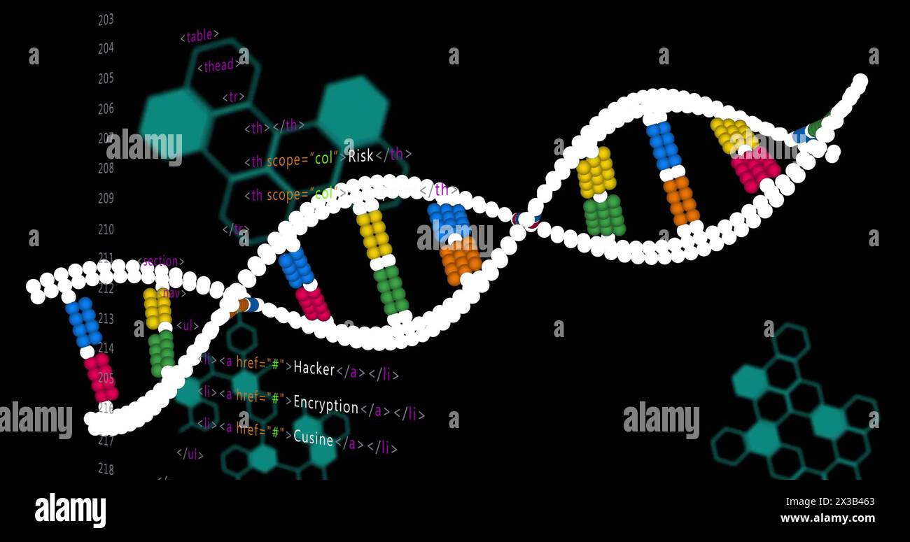 Image of data processing over dna strand on black background Stock ...