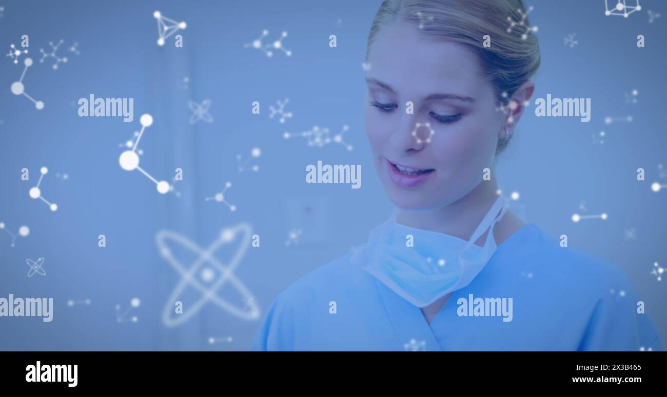 Image of molecules flowing over female doctor with face mask using ...