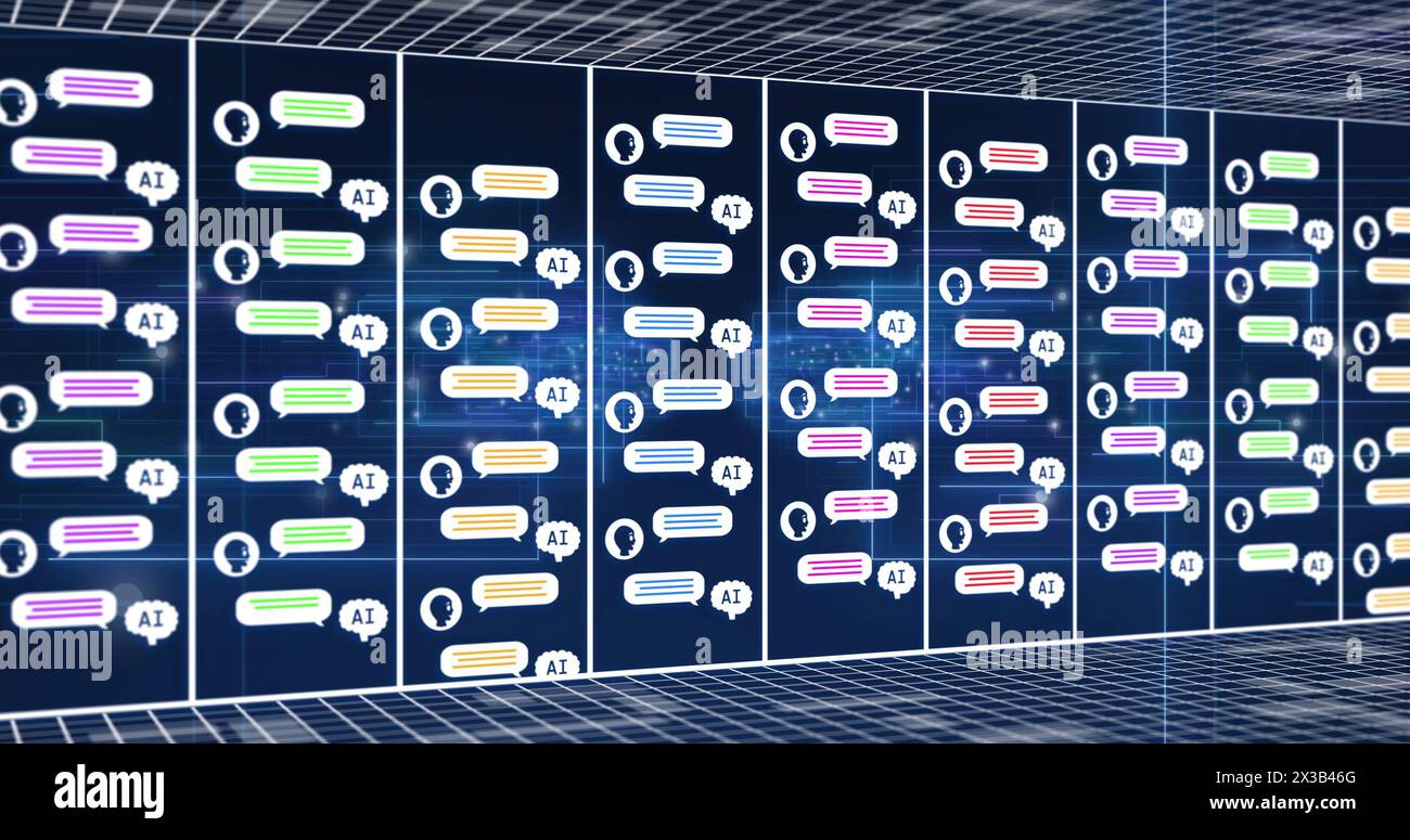 Image of robots and message boxes in rectangles with grid pattern ...