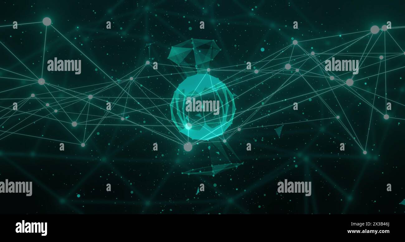 Image of dots connected with lines over lines around rotating globe over abstract background ...