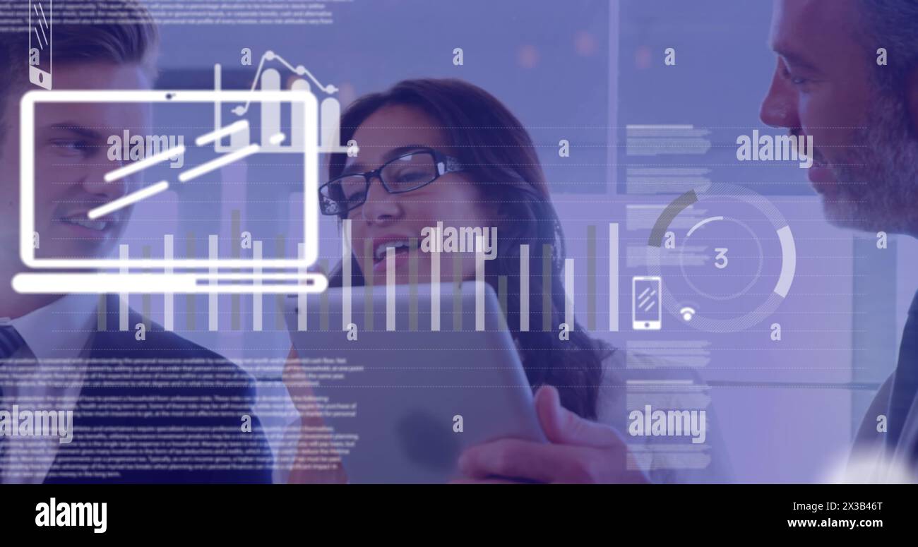 Image of data processing and digital icons over group of people using ...