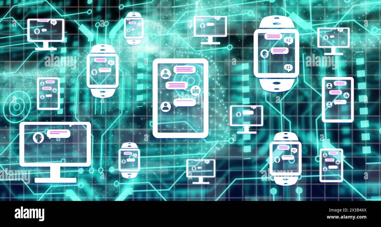 Image of ai chat interface in smartwatch, digital tablet and computer over dynamic wave pattern ...