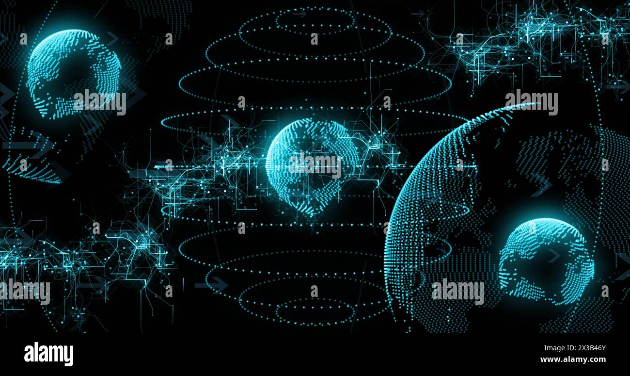Image of globes, data processing on black background Stock Photo - Alamy