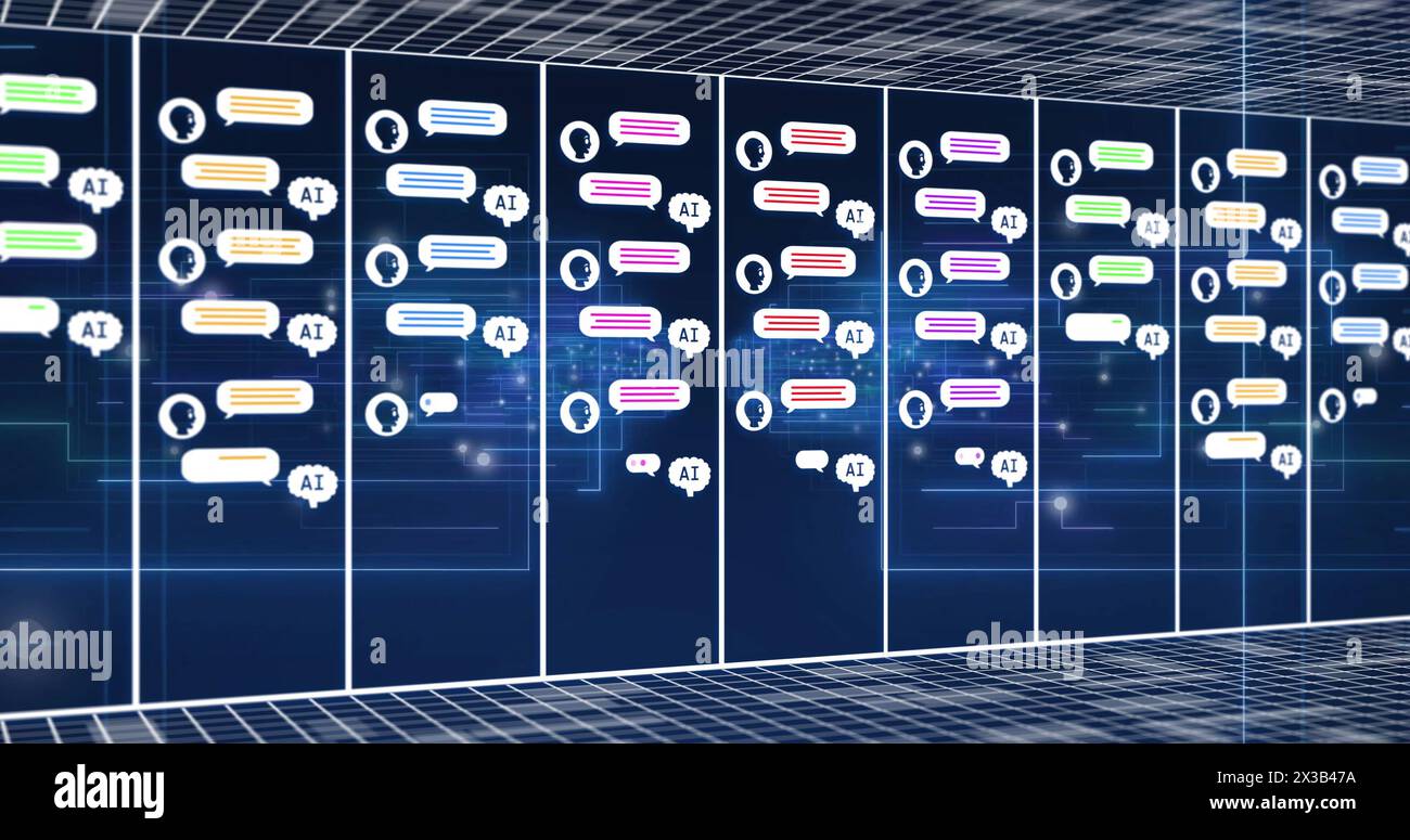 Image of robots and message boxes in rectangles with grid pattern ...