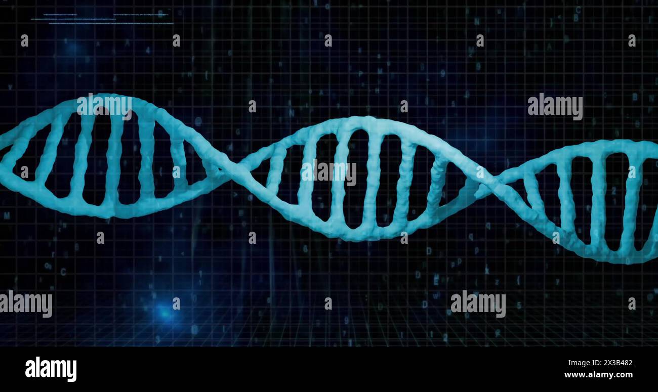 Image of data processing over dna strand on black background Stock ...