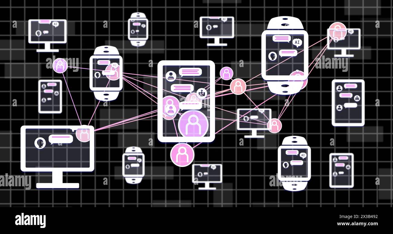 Image of connected icons, ai chat interface in computers, smartwatches ...