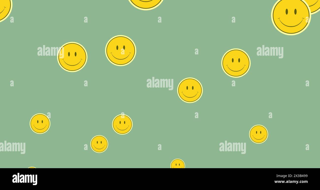 Image of multiple smiley face emojis floating against green background ...
