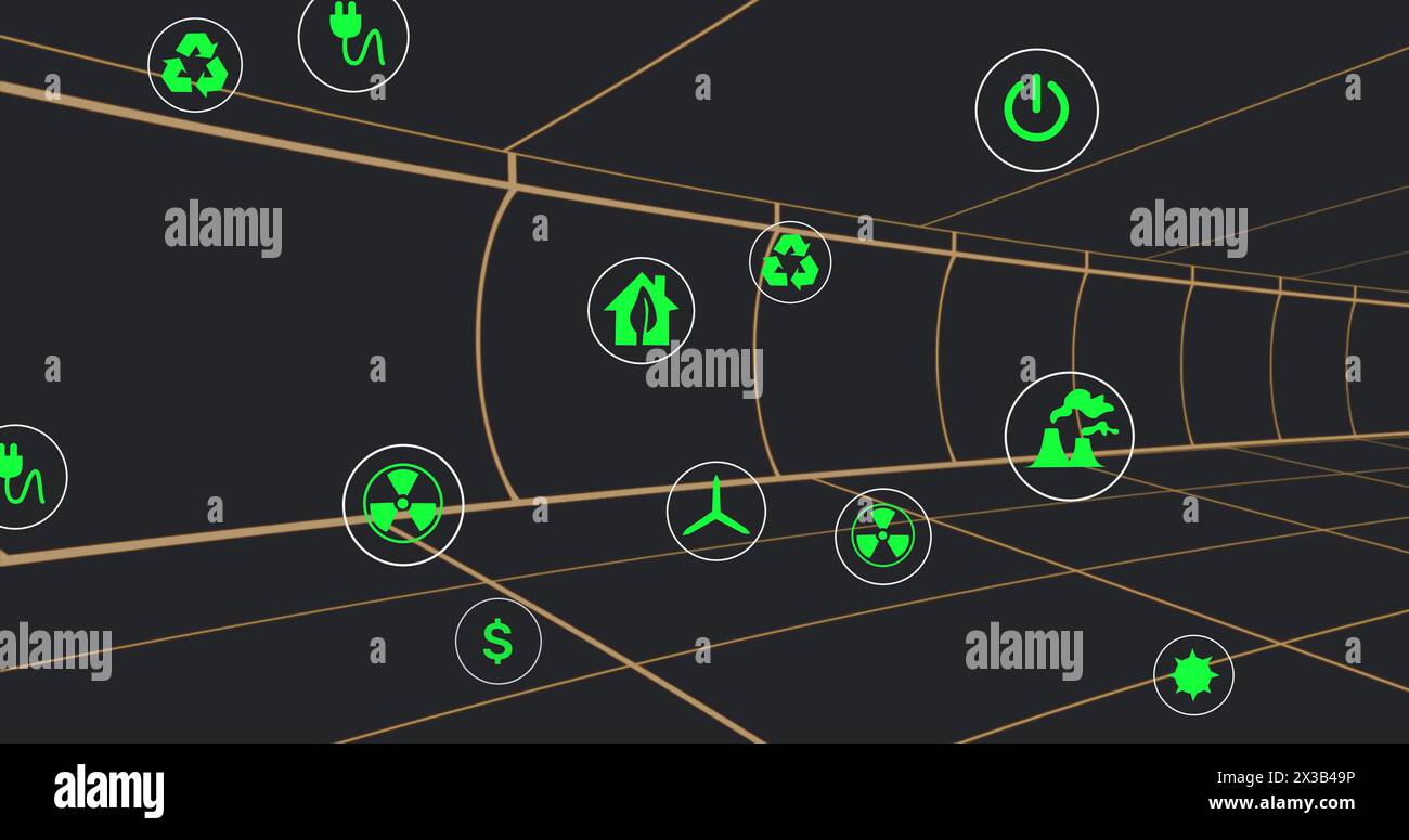Image of sustainable icon in circles over lines forming grid pattern ...