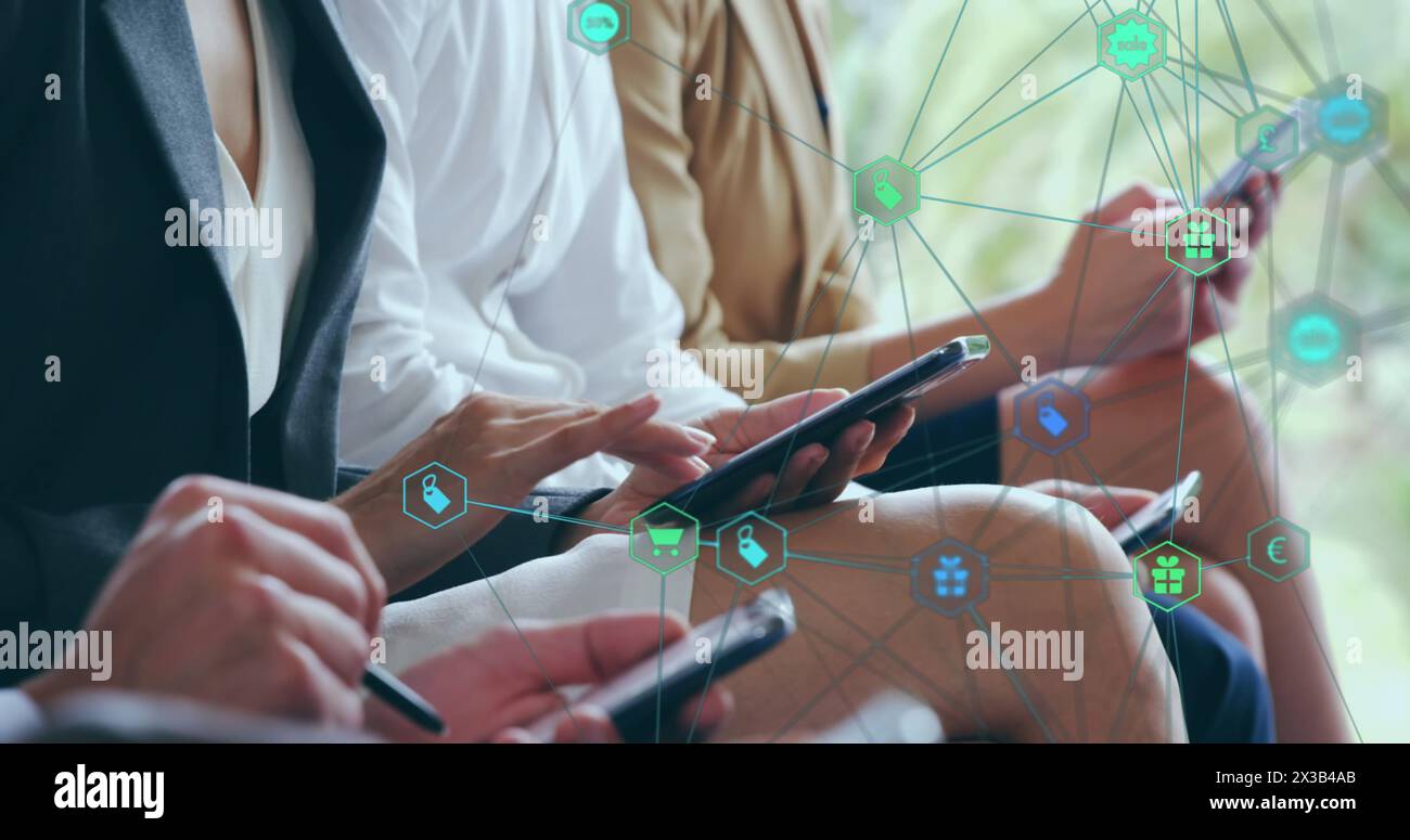 Image of web of connections with social icons over multi-ethnic group ...