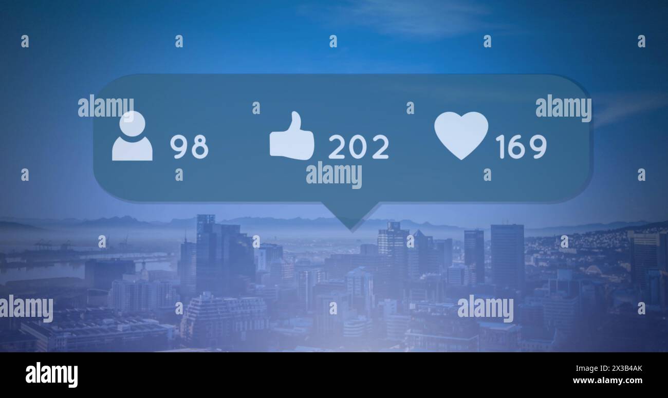 Image of speech bubble with social media icons and numbers growing over ... Image of speech bubble with social media icons and numbers growing over ...