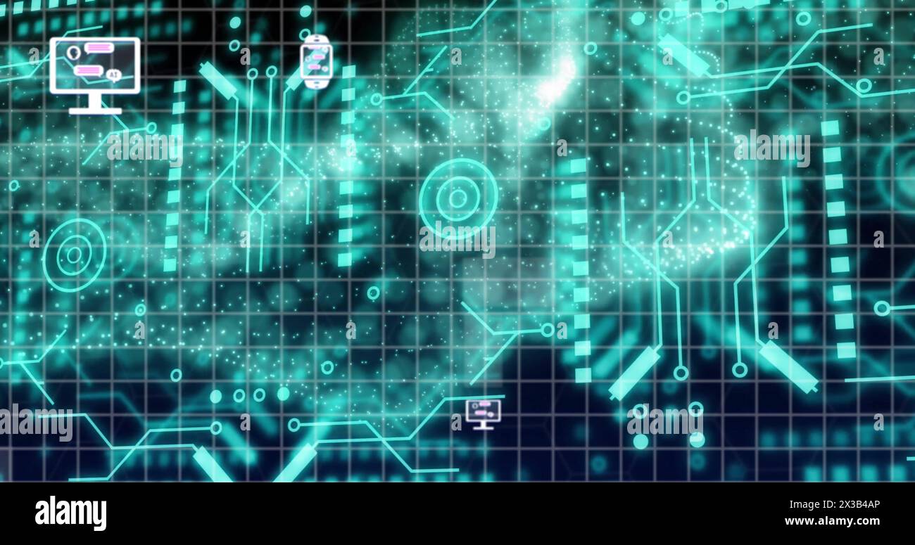 Image of ai chat interface in smartwatch, digital tablet and computer over dynamic wave pattern ...