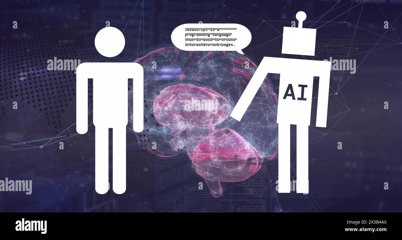 Image of human representation and ai text in robot, binary codes in ... Image of human representation and ai text in robot, binary codes in ...