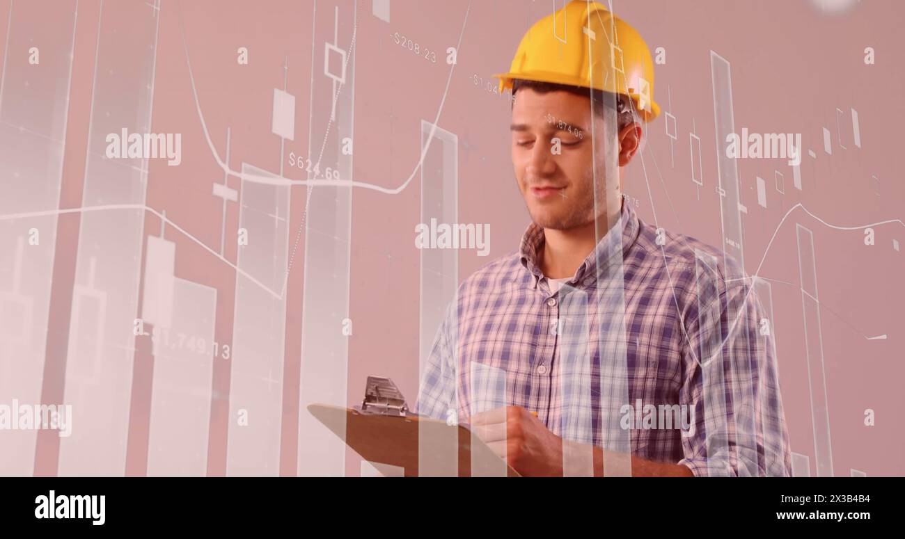 Image of graphs and statistics rolling over Caucasian male worker ...