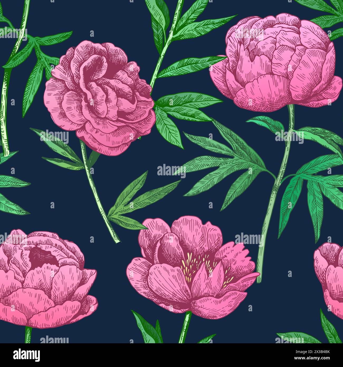 Colorful seamless pattern with peony flowers in victorian engraving ...