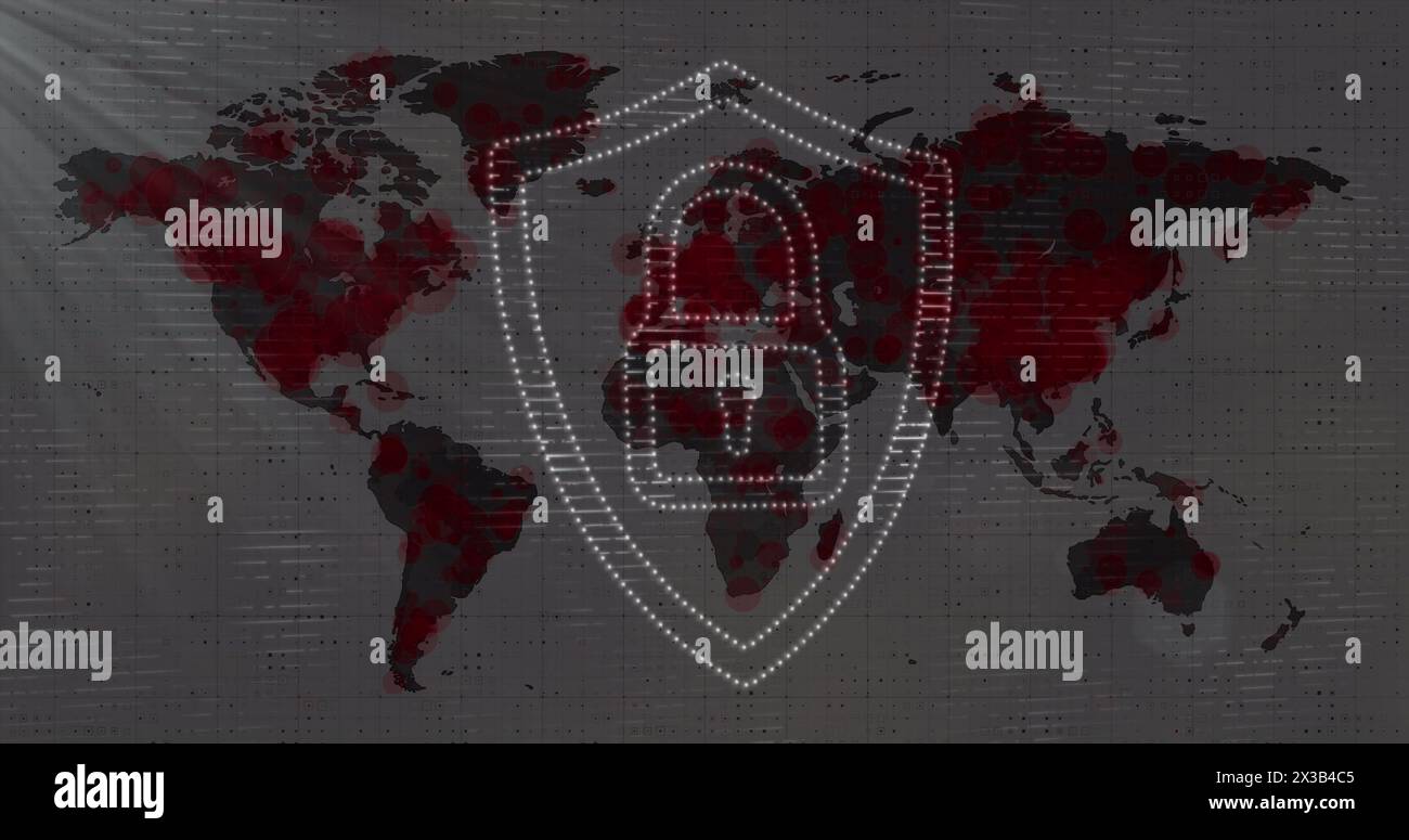 Image of a white padlock in white shield over a world map turning red ...