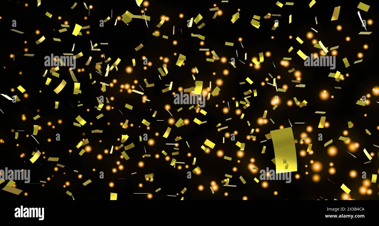 Image of golden confetti falling over multiple golden glowing lights ...