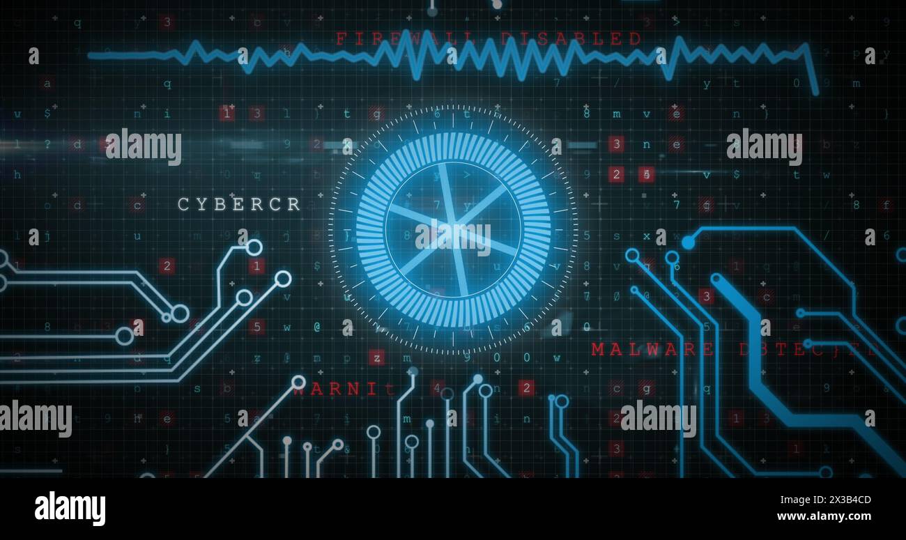 Image of scope scanning and cyber attack warning text on black background Stock Photo - Alamy