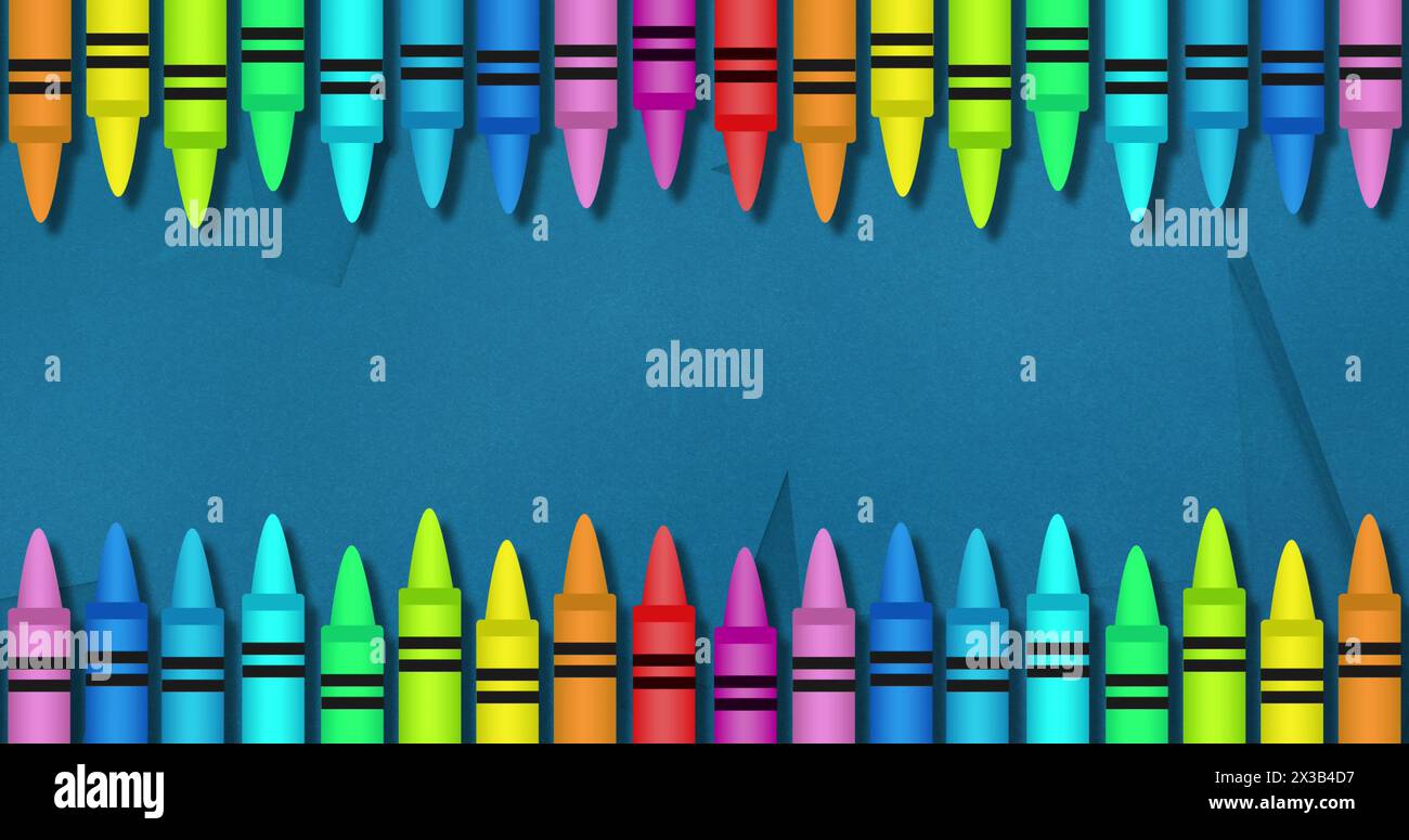 Image of multiple colourful crayons on top and bottom over blue ...