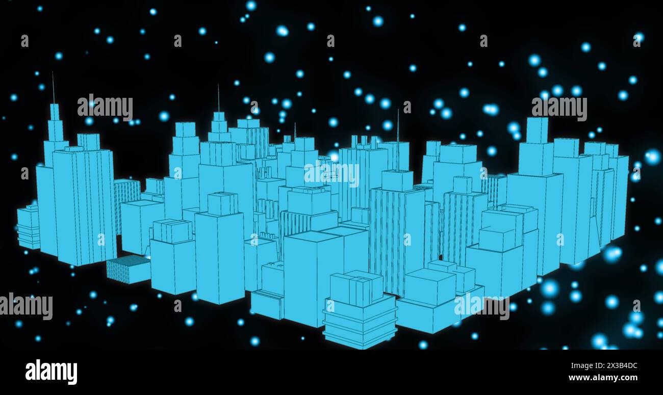 Image of a blue 3d city model over blue circles floating on black ...