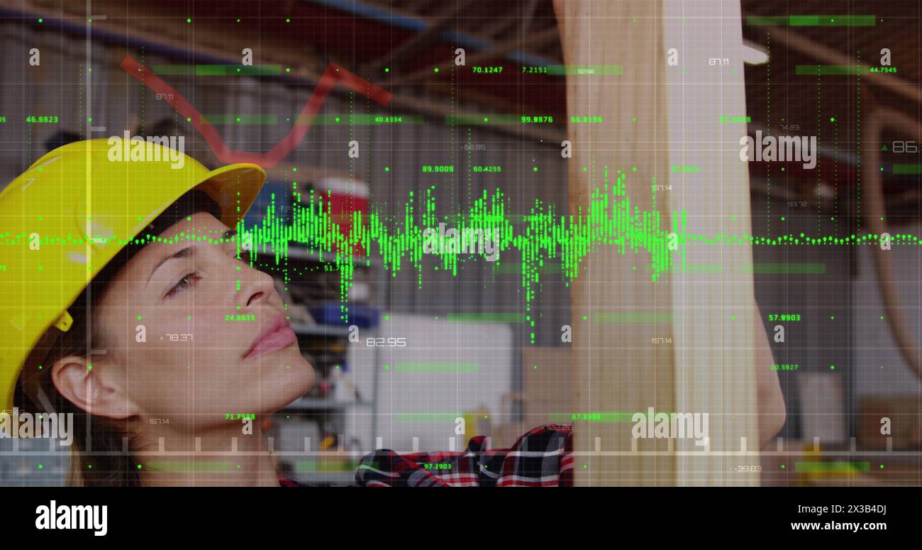 Image of a green graph forming on a grid over Caucasian female worker ...