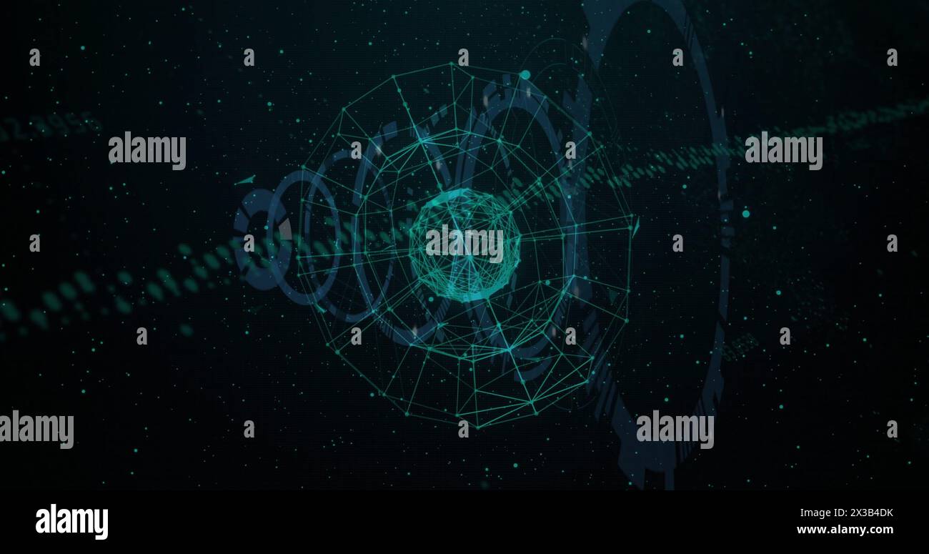 Image of graphs and connected dots around globe in loading circles over black background Stock ...