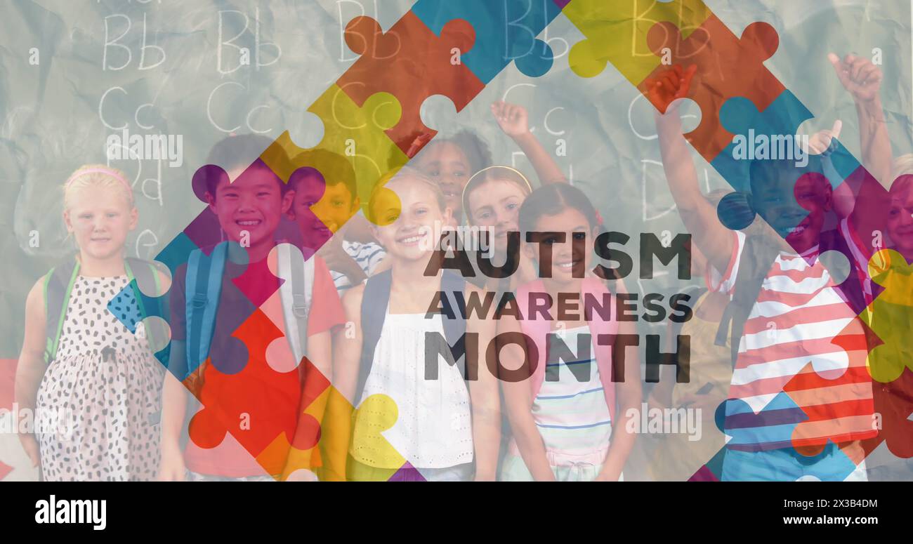 Image of autism awareness month text with frame formed with puzzles and ...