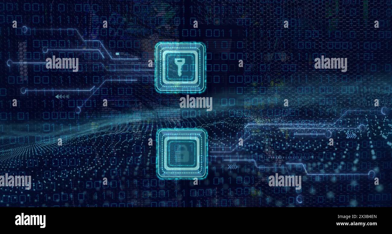 Image of key and padlock icons over computer circuit board and data processing Stock Photo - Alamy