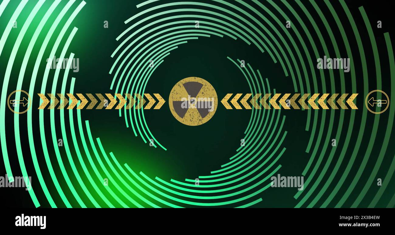 Image of arrows and ionizing radiation hazard symbol over spiral ...