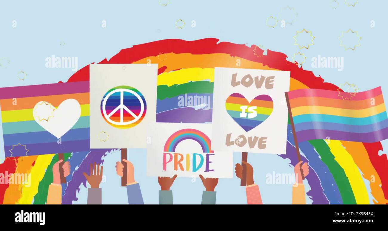Image of illustrative hands holding banner with lgbtqi symbols over ...