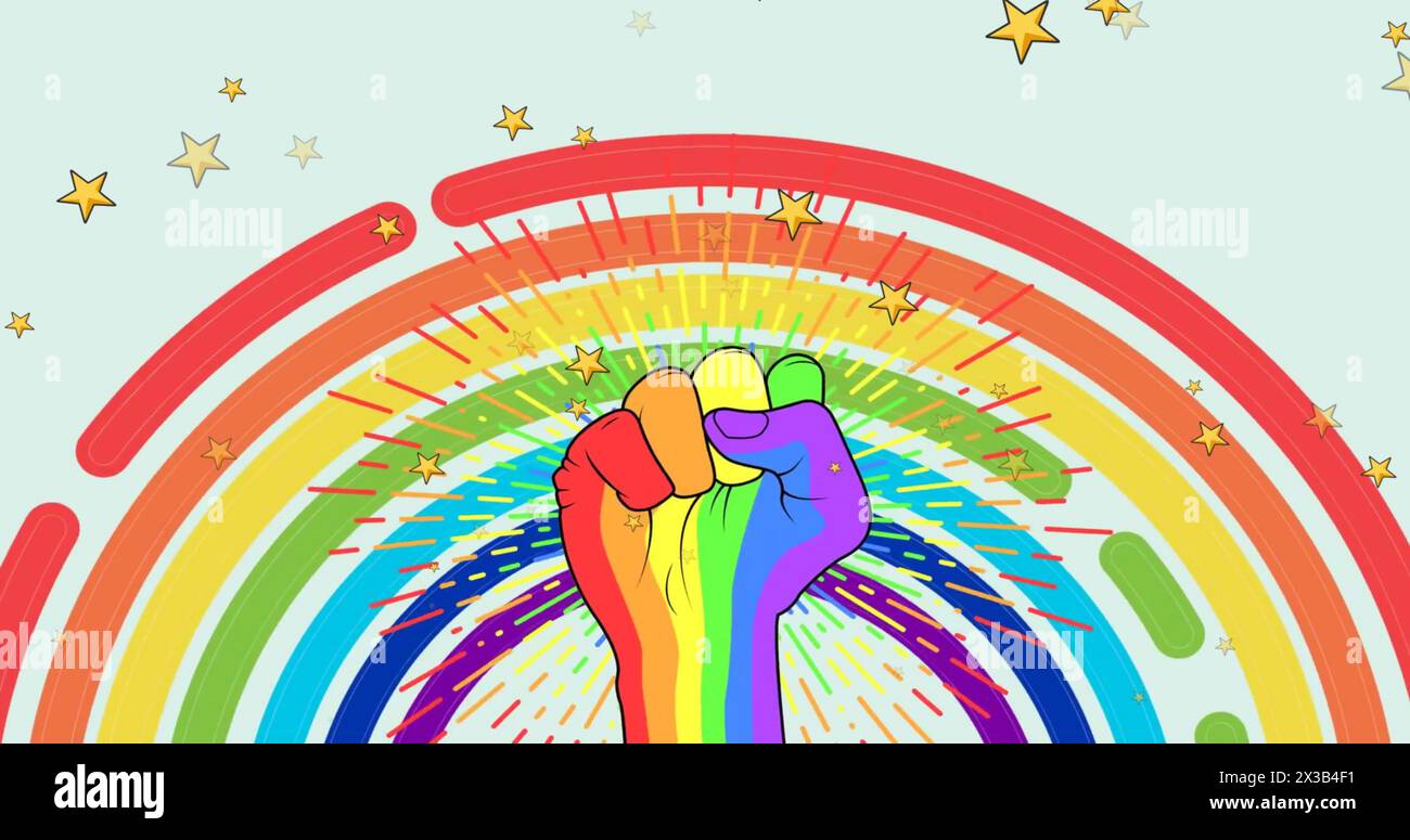 Image of rainbow color raised fist and falling stars over illustrative ...