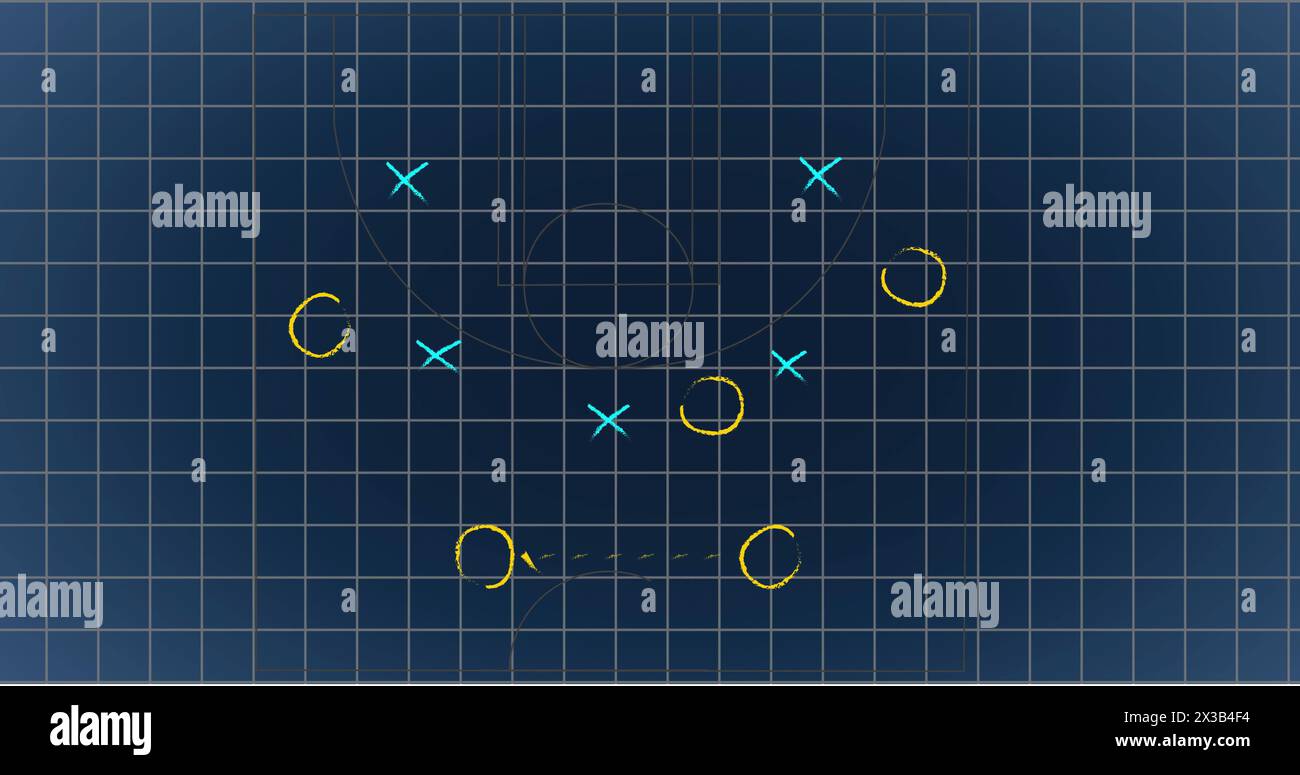 Image of blue and yellow symbols and arrows on grid pattern against ...