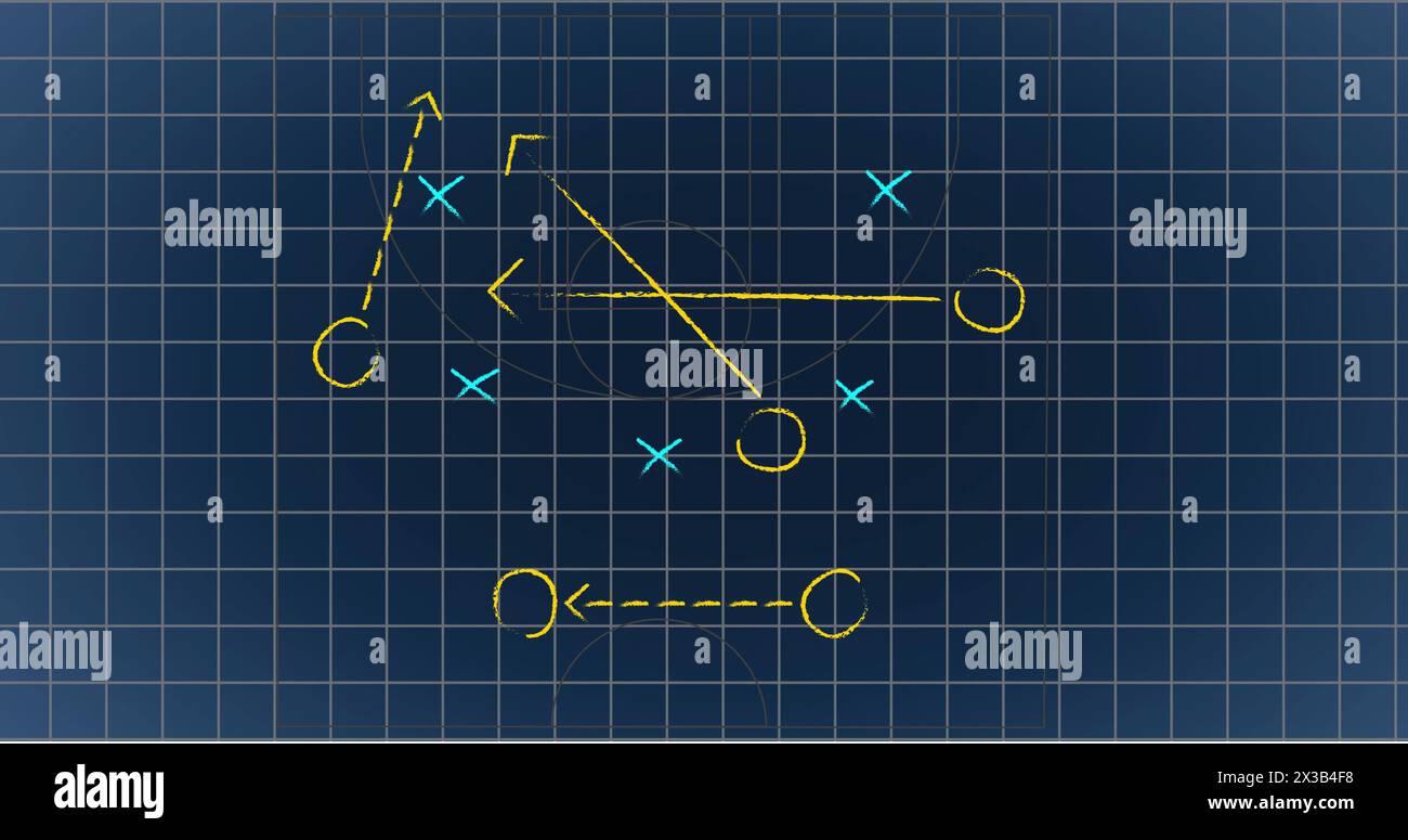 Image of blue and yellow symbols and arrows on grid pattern against ...