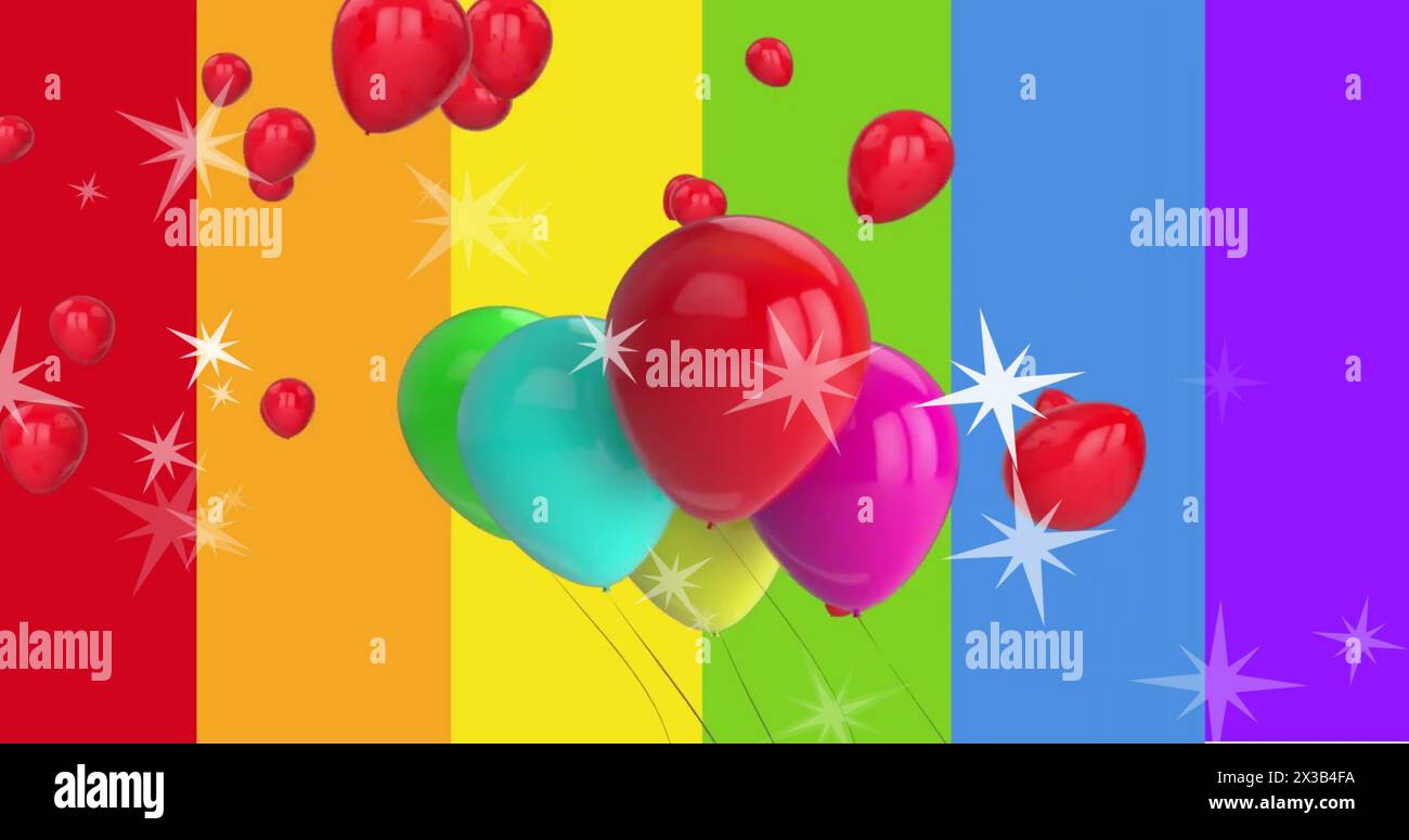Image of stars and balloons flying over rainbow stripes background ...