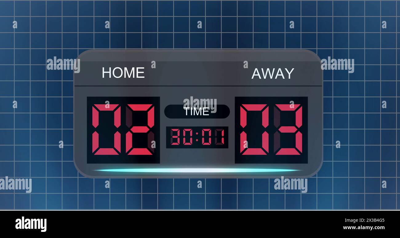 Image of home, away text with changing numbers in alarm clock over grid ...