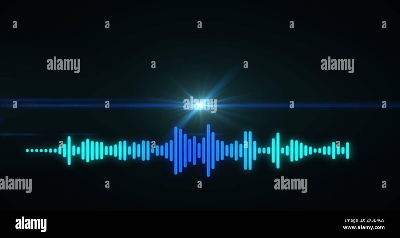 Image of moving sound wave with lens flare against black background ...