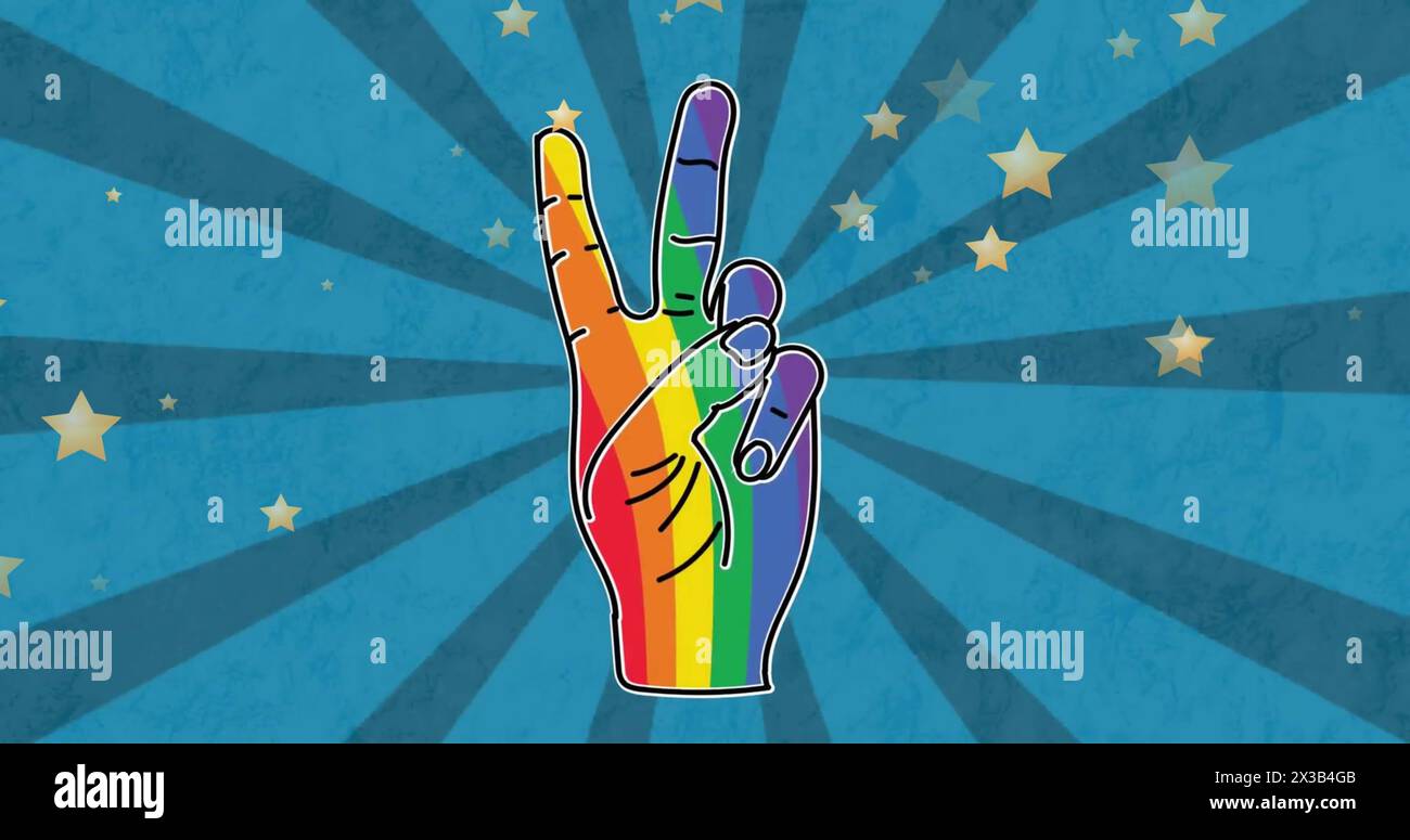 Image of rainbow color hand with victory gesture over stars and spiral ...