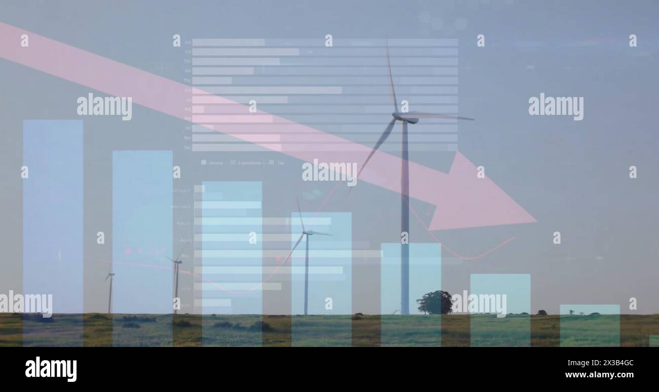 Image of red arrow and financial data processing over wind turbines ...