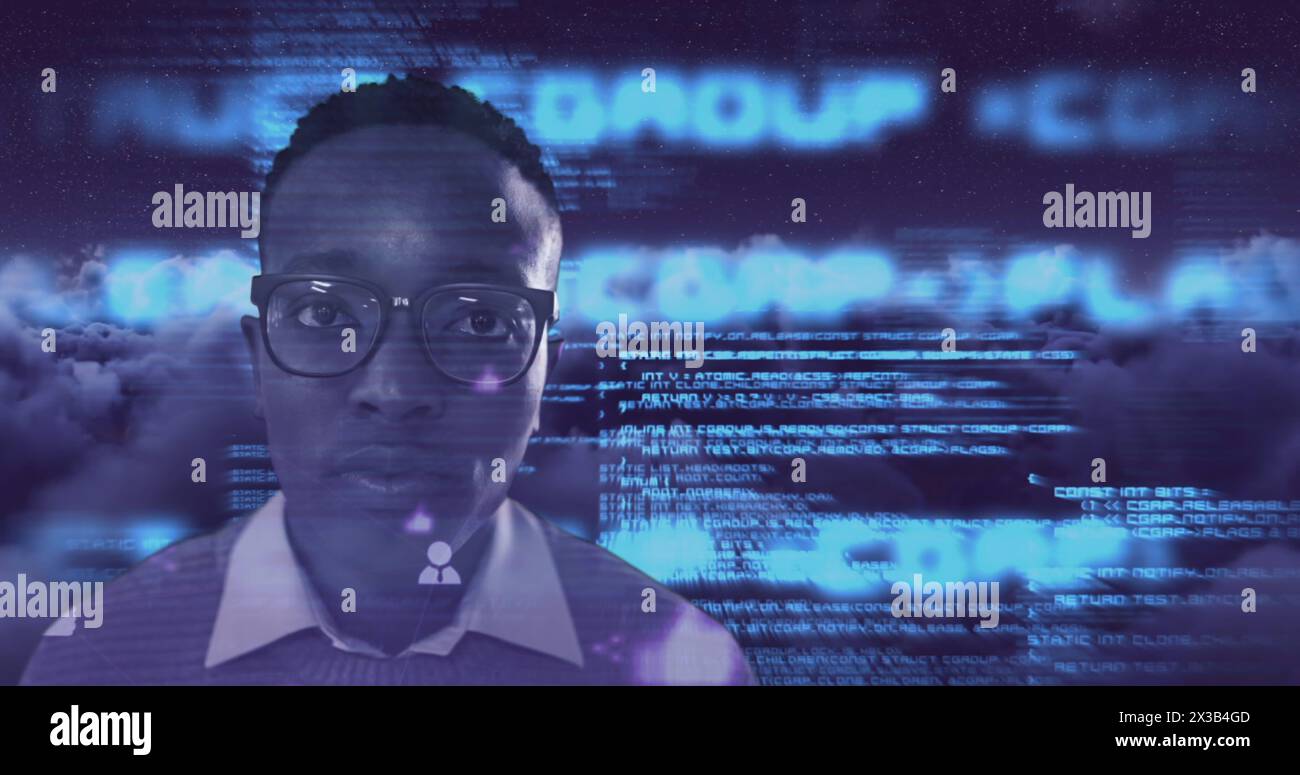 Image of portrait of man data processing digital icons over sky with clouds Stock Photo - Alamy