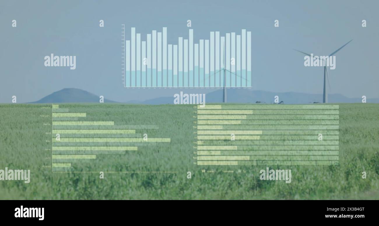 Image of financial data processing over wind turbines field in countryside Stock Photo - Alamy