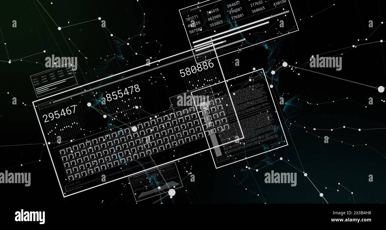 Image of graphs, changing numbers, loading squares and connected dots over black background ...