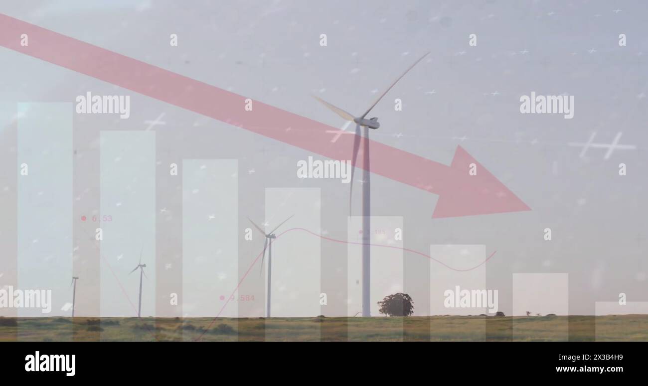 Image of red arrow and financial data processing over wind turbines ...