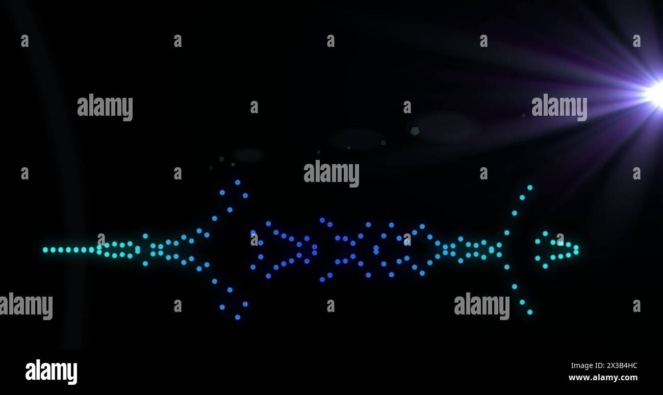 Image of moving dots forming sound waves with lens flares against black ...