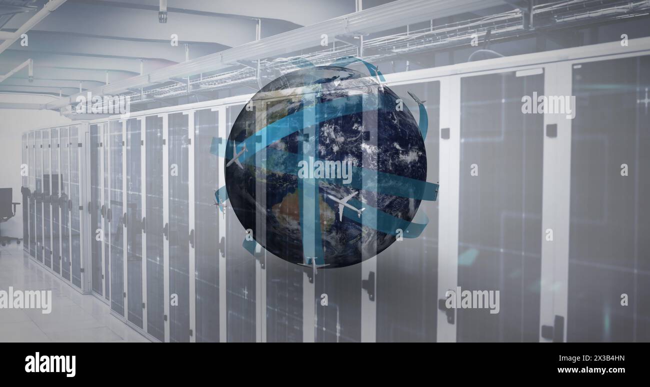 Digital image of airplane icons flying around the globe against empty ...