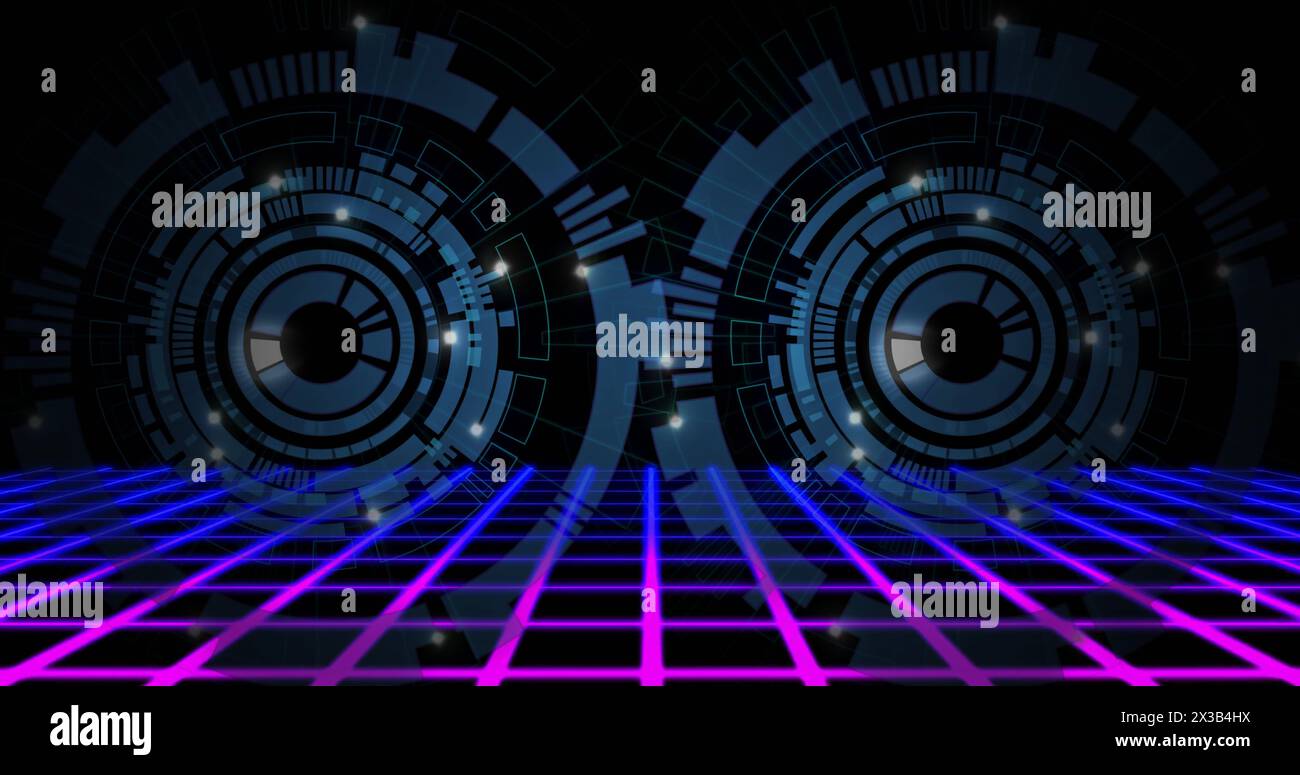 Image Of Loading Circles Moving Over Grid Pattern Against Black