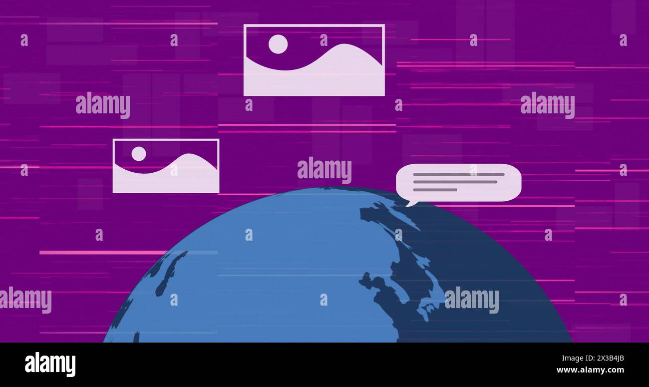 Image of message boxes and pictures with lines over purple background ...