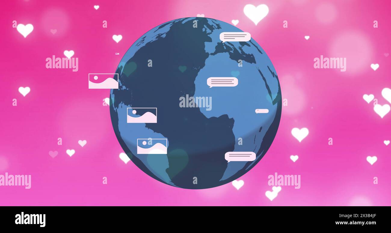Image of message boxes, pictures and falling heart shape with globe ...