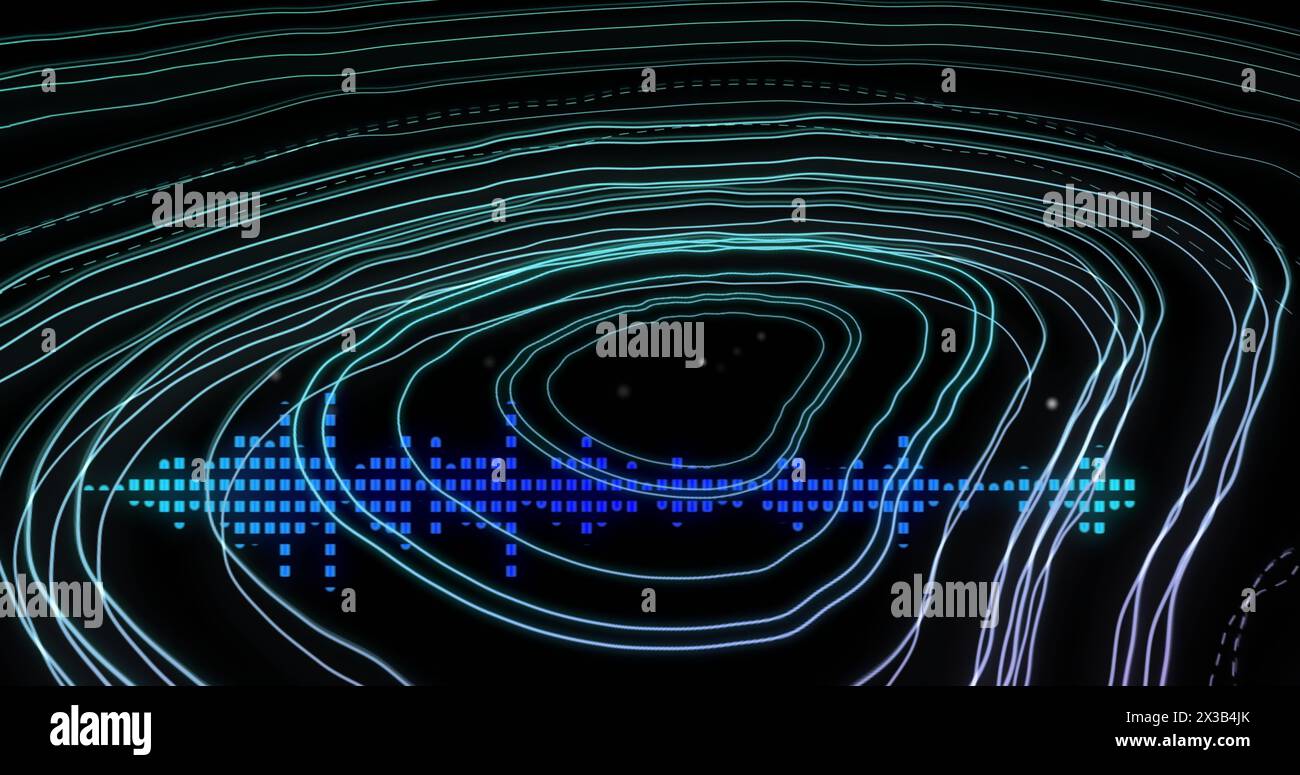Image of circular pattern and sound wave against black background Stock ...
