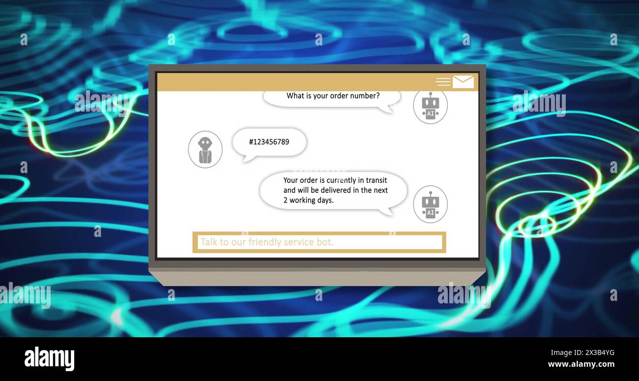 Image of ai data processing on screen over blue glowing lines on dark ...