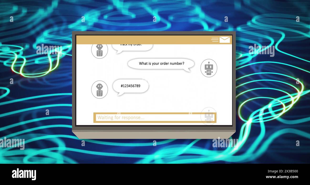 Image of ai data processing on screen over blue glowing lines on dark ...