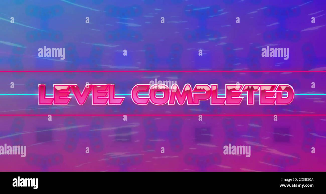 Image of level completed text and purple shapes over blue background ...